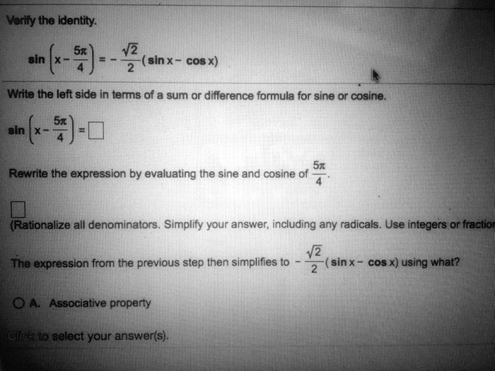 verity the identity 51 vz sinx cosx ein write the left side in terms of a sum or difference ...
