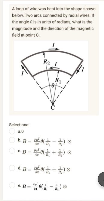 a loop of wire was bent into the shape shown belowtwo arcs connected by radial wiresif the angle ...