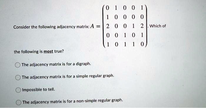 SOLVED: Consider the following adjacency matrix: Which of the following is most true? The ...