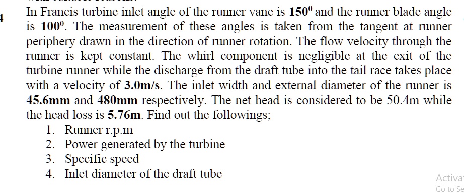 SOLVED: In a Francis turbine, the inlet angle of the runner vane is ...