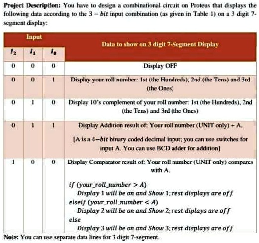 SOLVED: Project Description: You have to design a combinational circuit on Proteus that displays ...