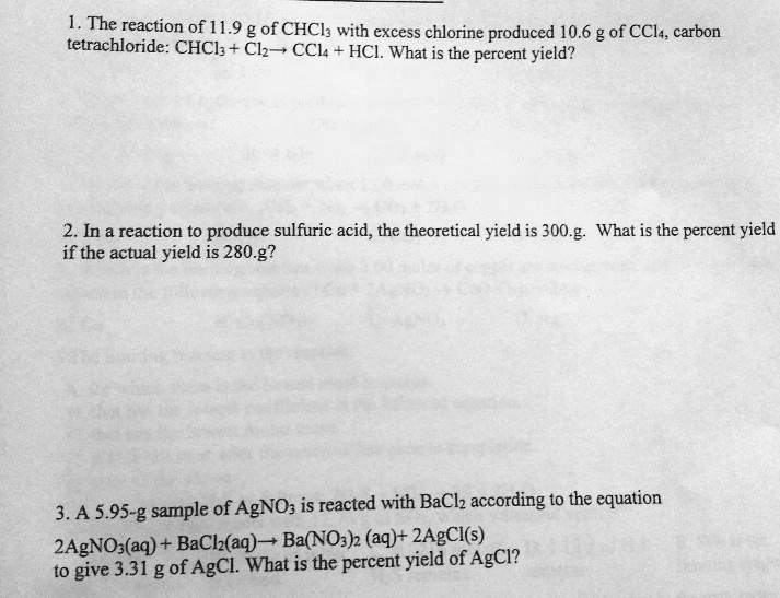 SOLVED: The reaction of 11.9 g of CHCl3 with excess chlorine produced ...