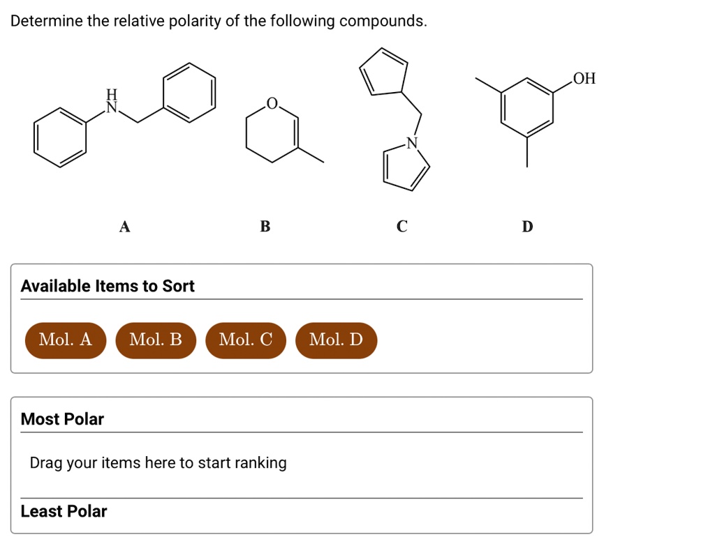 SOLVED: Determine the relative polarity of the following compounds. A B C D Available Items to ...