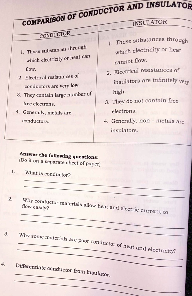 VIDEO solution: COMPARISON OF CONDUCTOR AND INSULATOR 1. Those ...