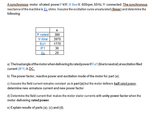 SOLVED: A synchronous motor of rated power P kW, V-line V, 600 rpm, 50 ...