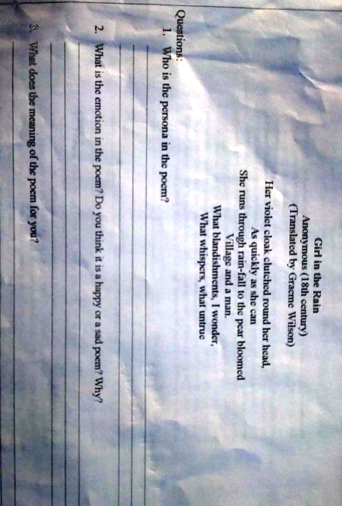 [GET ANSWER] 1who is the person in the poem 2what is the emotion in the ...