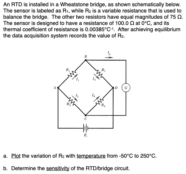 SOLVED: An RTD is installed in a Wheatstone bridge, as shown schematically below: The sensor is ...