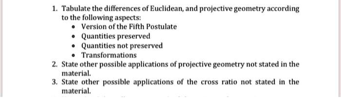 tabulate the differences of euclidean and projective geometry according ...