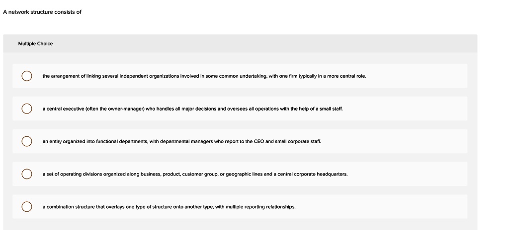 A network structure consists of Multiple Choice the arrangement of linking several independent ...