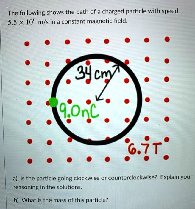 the following shows the path of a charged particle with speed 55 x 106 ...