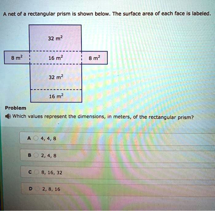 A net of a rectangular prism is shown below. The surface area of each face is labeled. 32 m² 8 ...