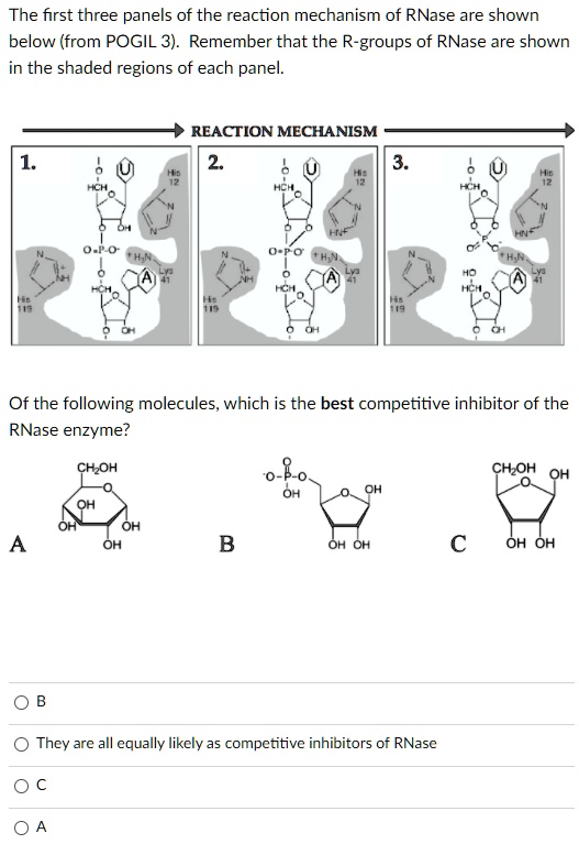 SOLVED: The first three panels of the reaction mechanism of RNase are ...