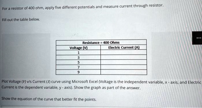 for resistor of 400 ohm apply five different potentials and measure ...