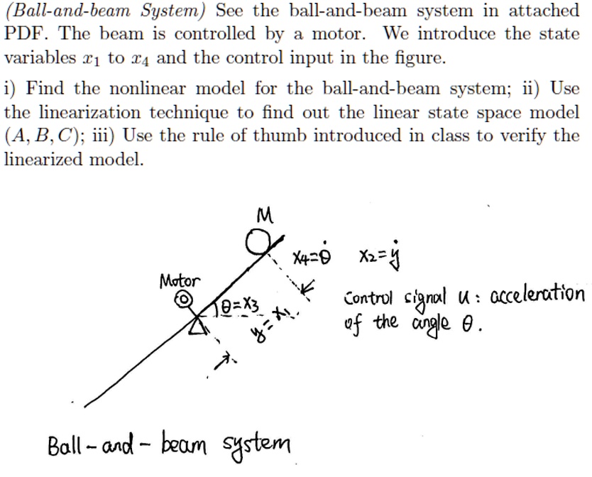 (Ball-and-beam System) See the ball-and-beam system in attached PDF. The beam is controlled by a ...