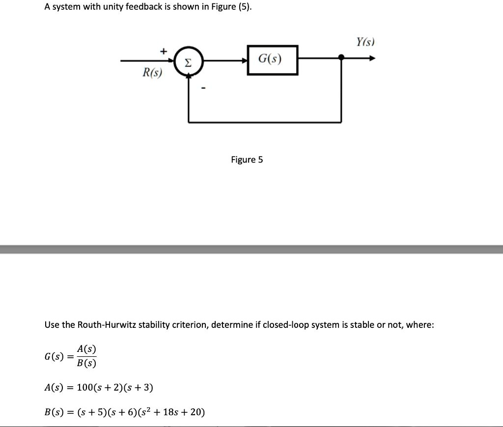 SOLVED: A system with unity feedback is shown in Figure(5) Y(s) G(s) R(s) Figure 5 Use the Routh ...