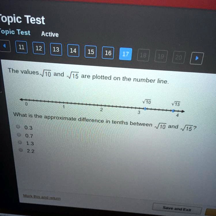 The values √(10) and √(15) are plotted on the number line. What is the approximate difference in ...