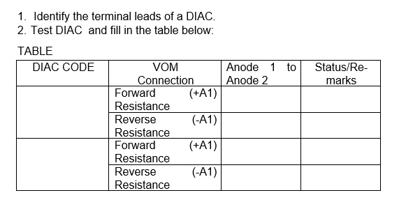 1. Identify the terminal leads of a DIAC. 2. Test DIAC and fill in the ...
