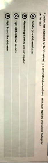 a patient has developed peritonitis related to a perforated duodenal ...