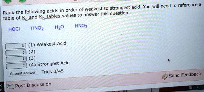 Rank the following acids in order of weakest to strongest acid. You will need to reference a ...