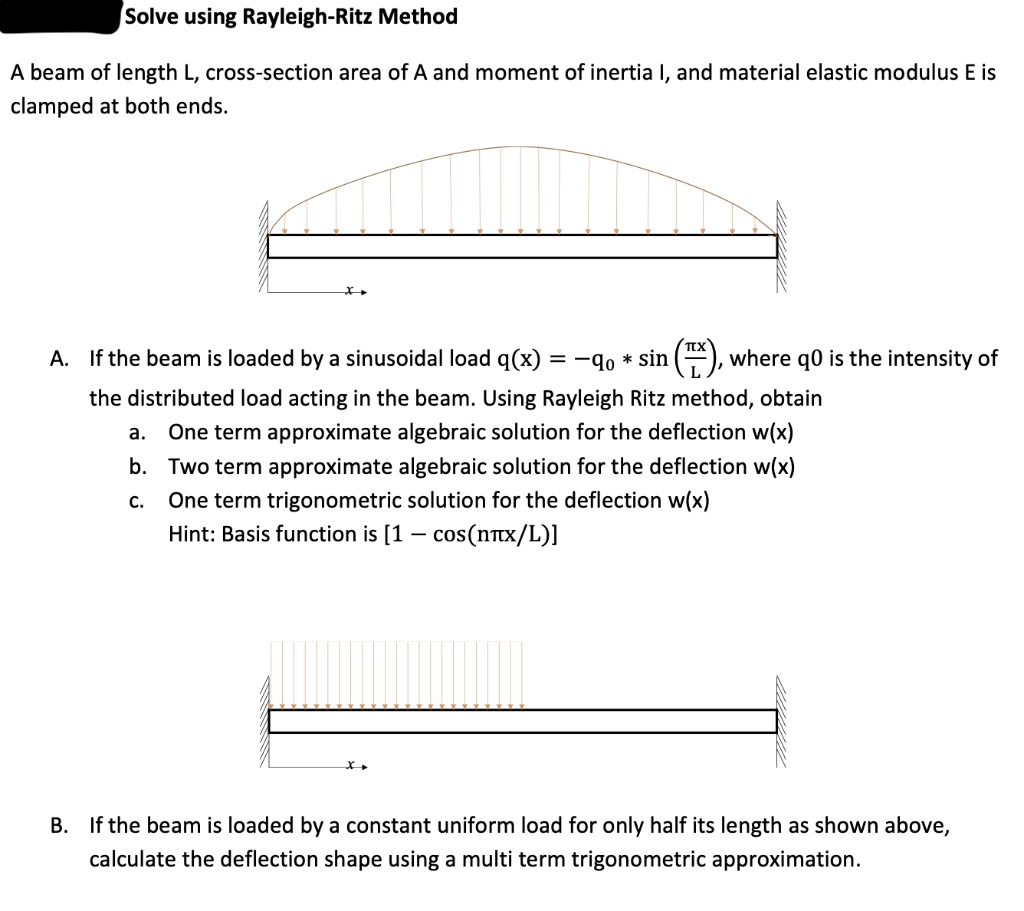 Solve using Rayleigh-Ritz Method A beam of length L, cross-section area ...