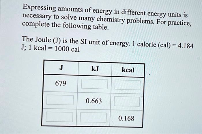 SOLVED: Expressing amounts of energy in different necessary energy units is to solve many ...