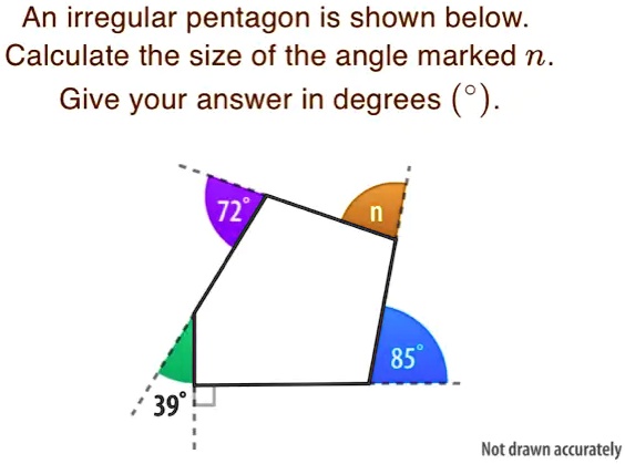 An irregular pentagon is shown below. Calculate the size of the angle marked n Give your answer ...