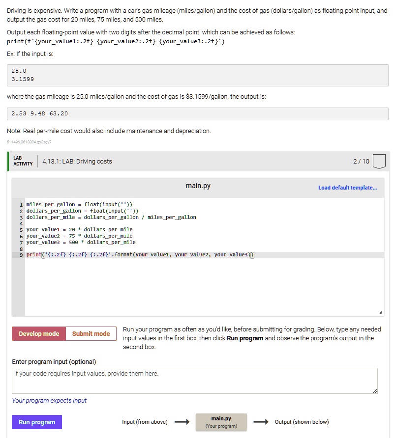 driving is expensive write a program with a cars gas mileage ...
