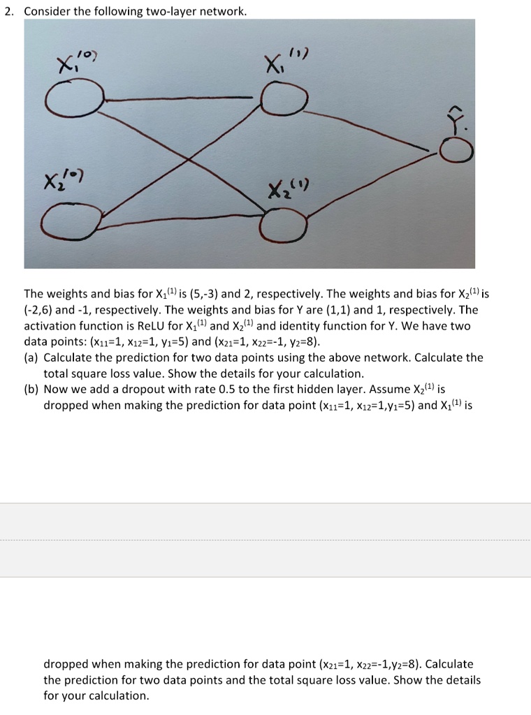 2. Consider the following two-layer network. 10) X X 117 X2) The weights and bias for X1^(1) is ...