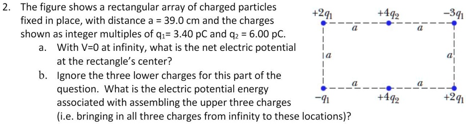 SOLVED: The figure shows a rectangular array of charged particles +2q1 fixed in place, with ...
