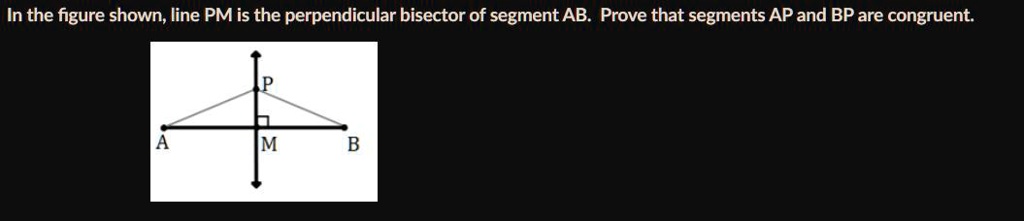 SOLVED: 'In the figure shown, line PM is the perpendicular bisector of segment AB. Prove that ...