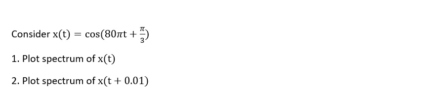 SOLVED: Consider x(t) cos(80nt + 1). 1. Plot the spectrum of x(t). 2 ...