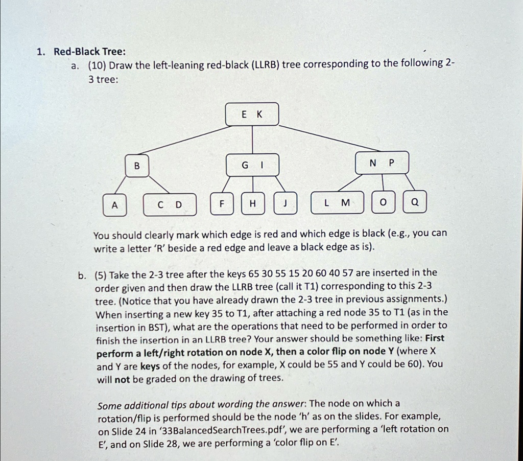 1. Red-Black Tree: a. (10) Draw the left-leaning red-black (LLRB) tree corresponding to the ...