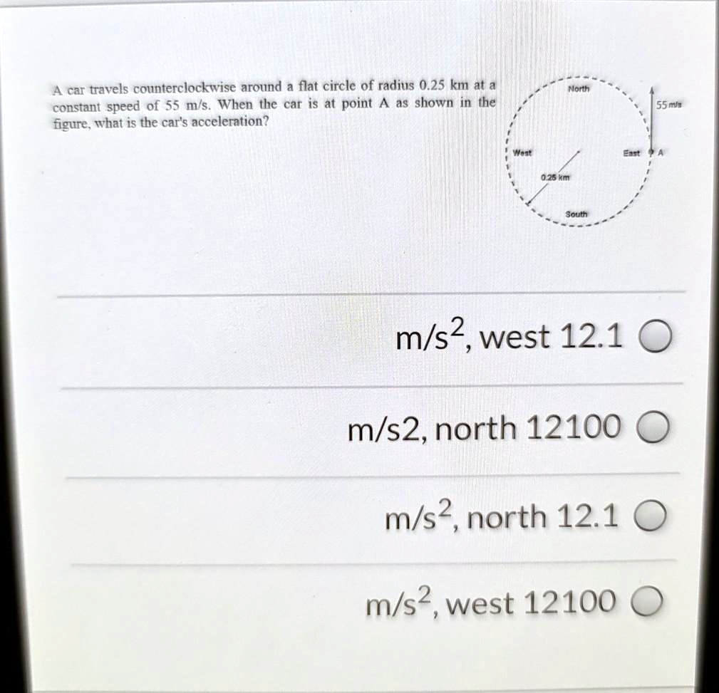 car travels counterclockwise around a flat circlc of radius 025 km at a ...