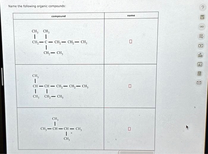 Name the following organic compounds: compound CH3 CH3 | | CH22̆013C2̆013CH22̆013CH22̆013CH3 ...