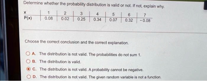 SOLVED: 3 Determine whether the probability distribution is valid or not. If not,explain why 1 2 ...