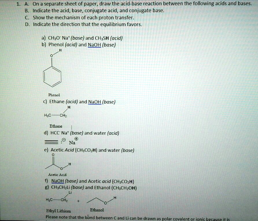 SOLVED: On a separate sheet of paper, draw the acid-base reaction ...