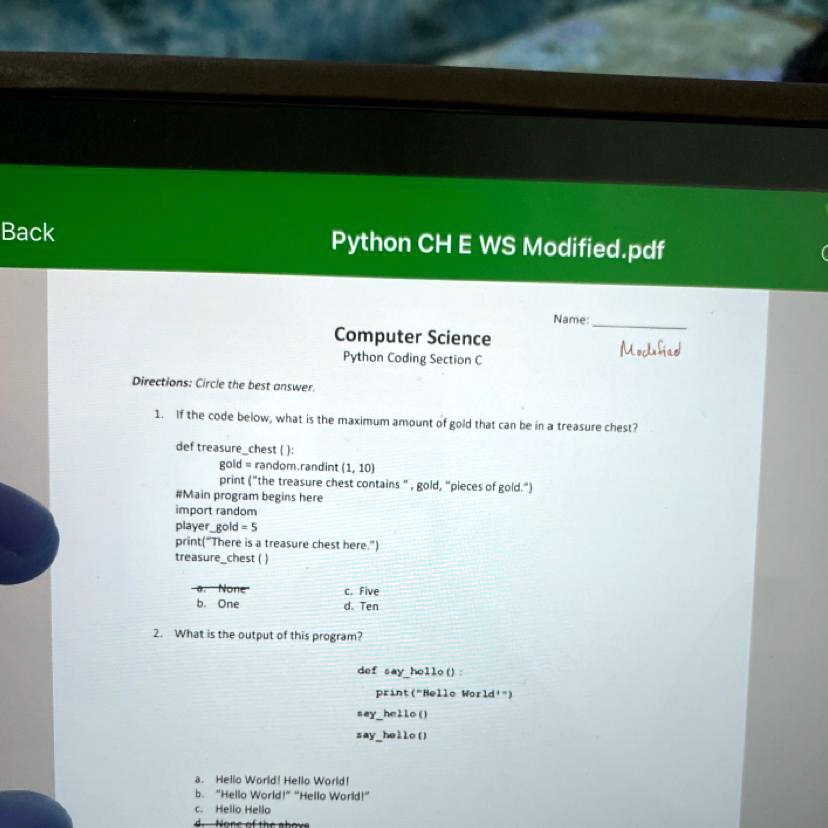 Solved Name Computer Science Modified Python Coding Section C Directions Circle The Best
