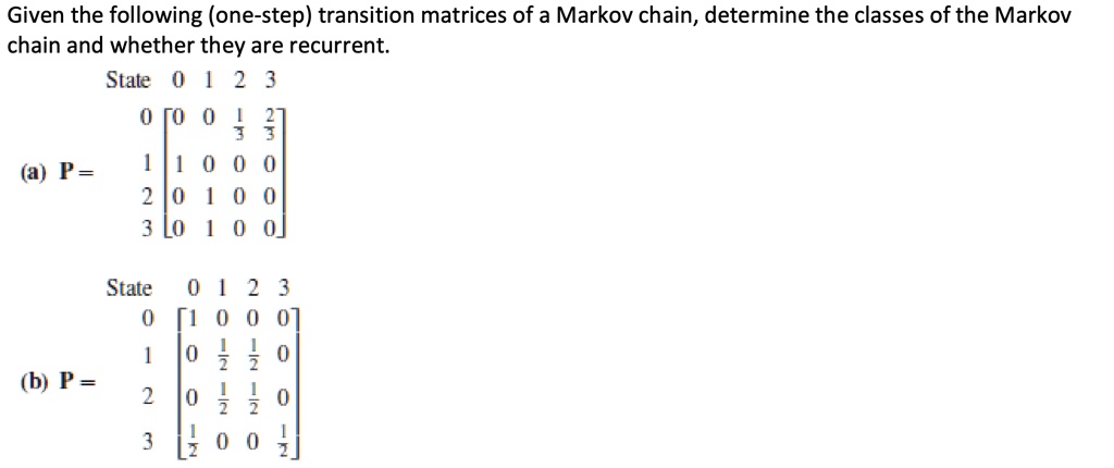 SOLVED: Given the following (one-step) transition matrices of a Markov ...