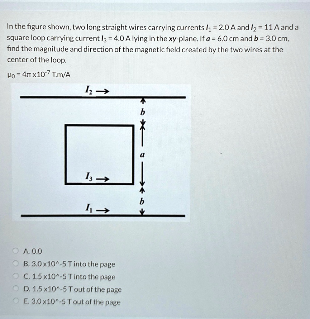 SOLVED: In the figure shown, two long straight wires carrying currents I1 = 2.0 A and I2 = 11 A ...