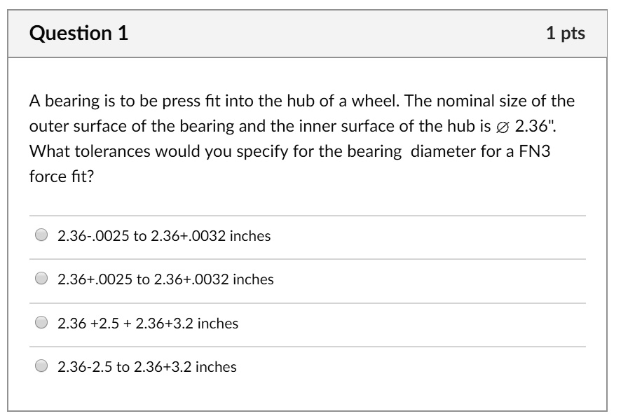 SOLVED: Question 1 1 pts A bearing is to be press fit into the hub of a ...
