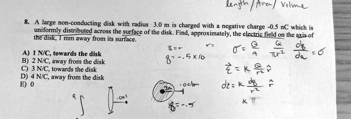 SOLVED: 8. A large non-conducting disk with radius 3.0 m is charged with a negative charge -0.5 ...