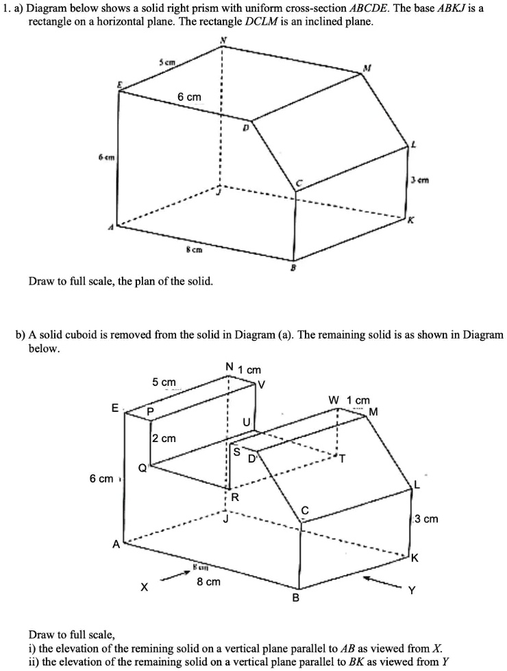 1 a diagram bclow shows solid right prism with uniform cross section abcde the base abkj is ...