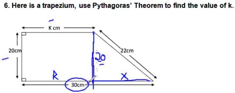 SOLVED: Please and thank you for class. Here is a trapezium. Use Pythagoras' Theorem to find the ...