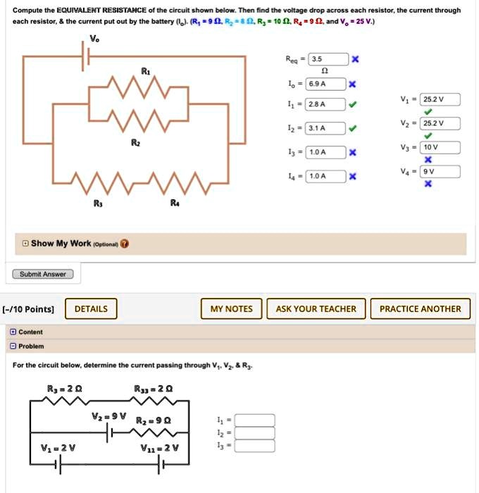 Compute the EQUIVALENT RESISTANCE of the circuit shown below. Then find the voltage drop across ...