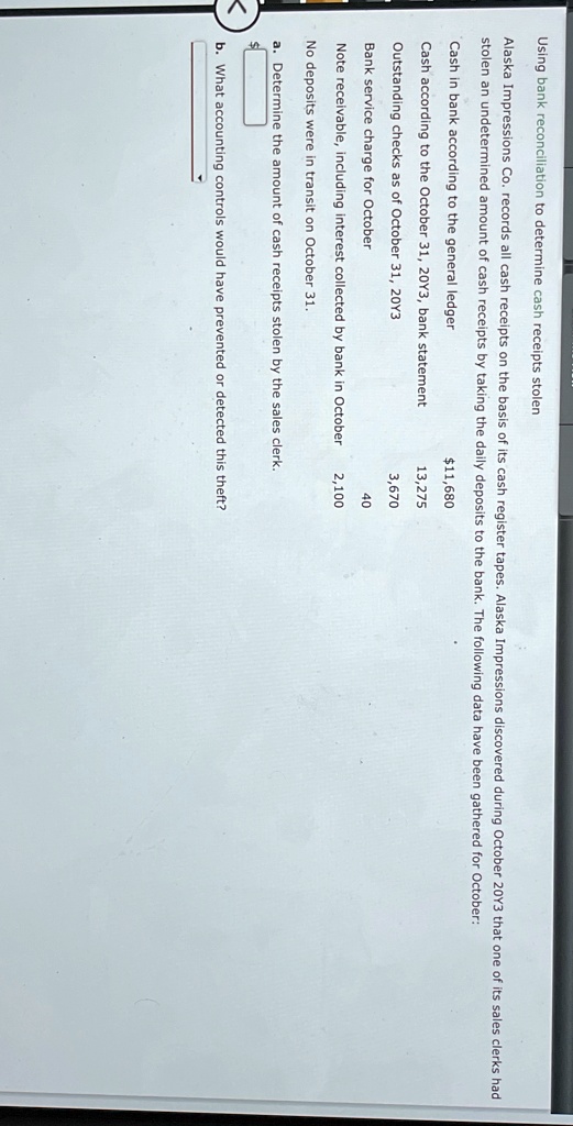 using bank reconciliation to determine cash receipts stolen alaska ...