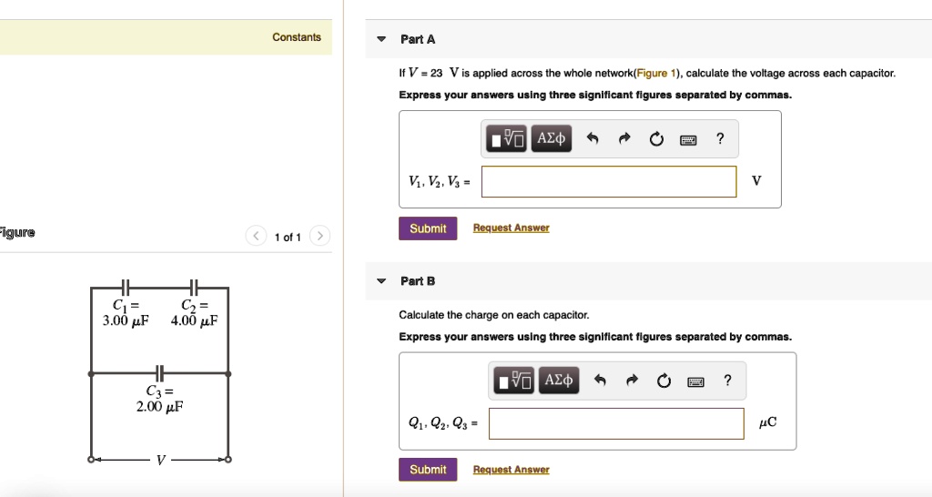 Text: Constants Part A If V = 23 V is applied across the whole network (Figure 1), calculate the ...