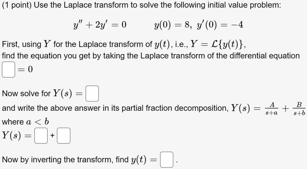 SOLVED:point) Use the Laplace transform to solve the following initial value problem: y' + 2y ...
