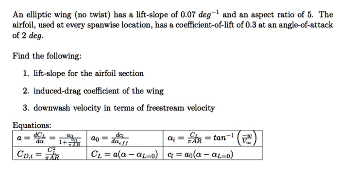 An elliptic wing (no twist) has a lift-slope of 0.07 deg?¹...