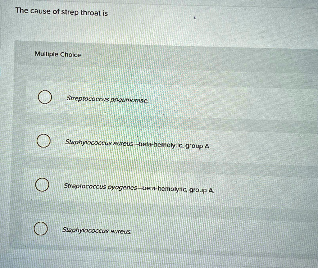 The cause of strep throat is Multiple Choice Streptococcus pneumoniae ...
