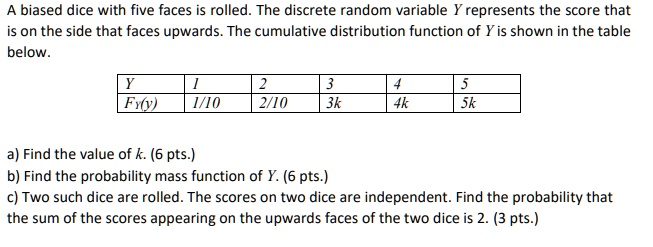 SOLVED: biased dice with five faces is rolled The discrete random ...